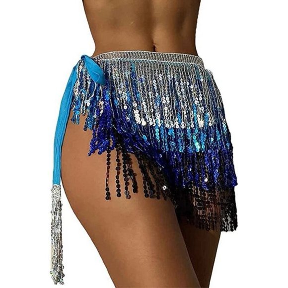 Skirts | Belly Dance Hip Skirt Tassel Scarf Sequin Wrap Rave Costume Blue With Silver | Poshmark